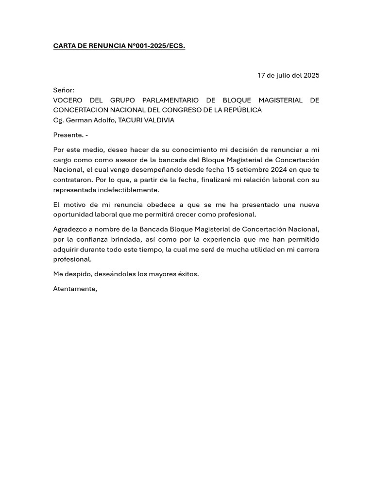 Documento de Renuncia Edgar Condori | PDF
