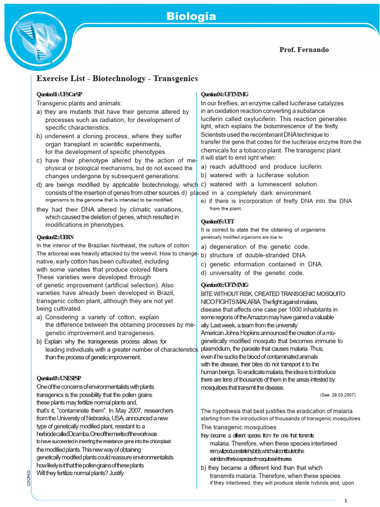 List of Exercises Transgenic Exercises | PDF | Genetically Modified ...