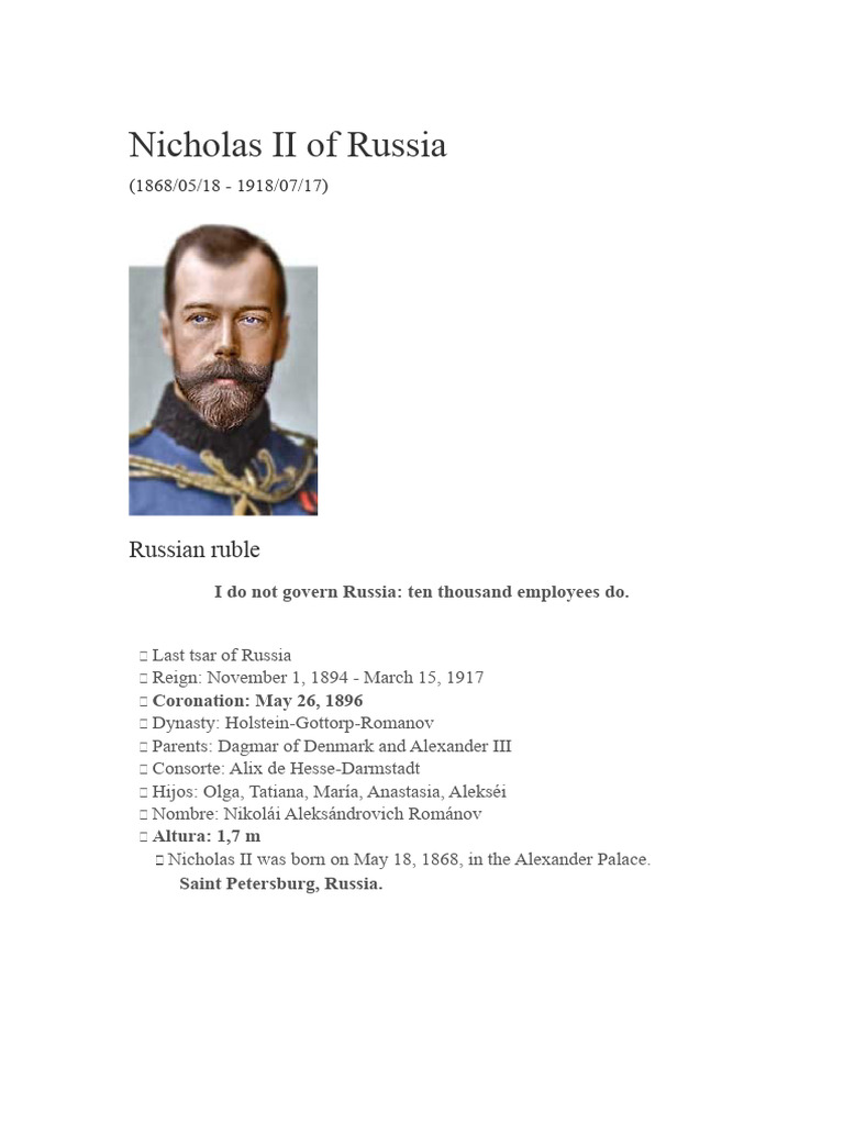 Nicholas II of Russia Biography | PDF | House Of Romanov | Monarchy