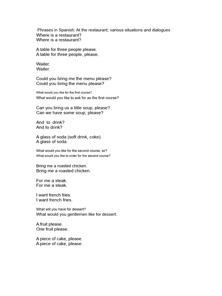 Dialogues in Spanish in A Restaurant | PDF