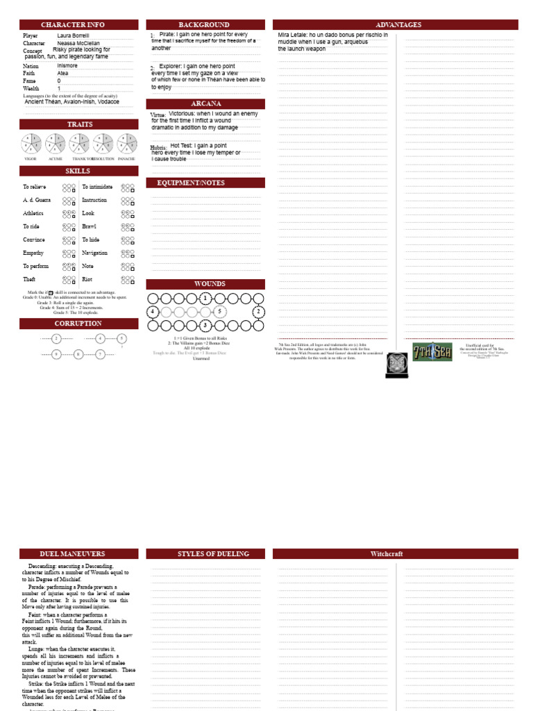 Pirate Character Sheet for 7th Sea RPG | PDF