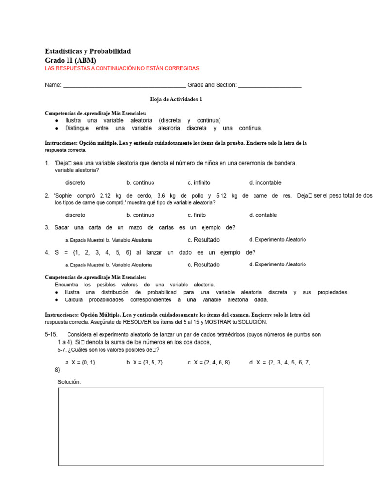 Estadísticas y Probabilidad Act. Hojas de Trabajo | PDF | Muestreo ...