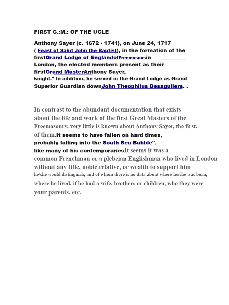 Anthony Sayer: First Grand Master of UGLE | PDF | Freemasonry | Guild