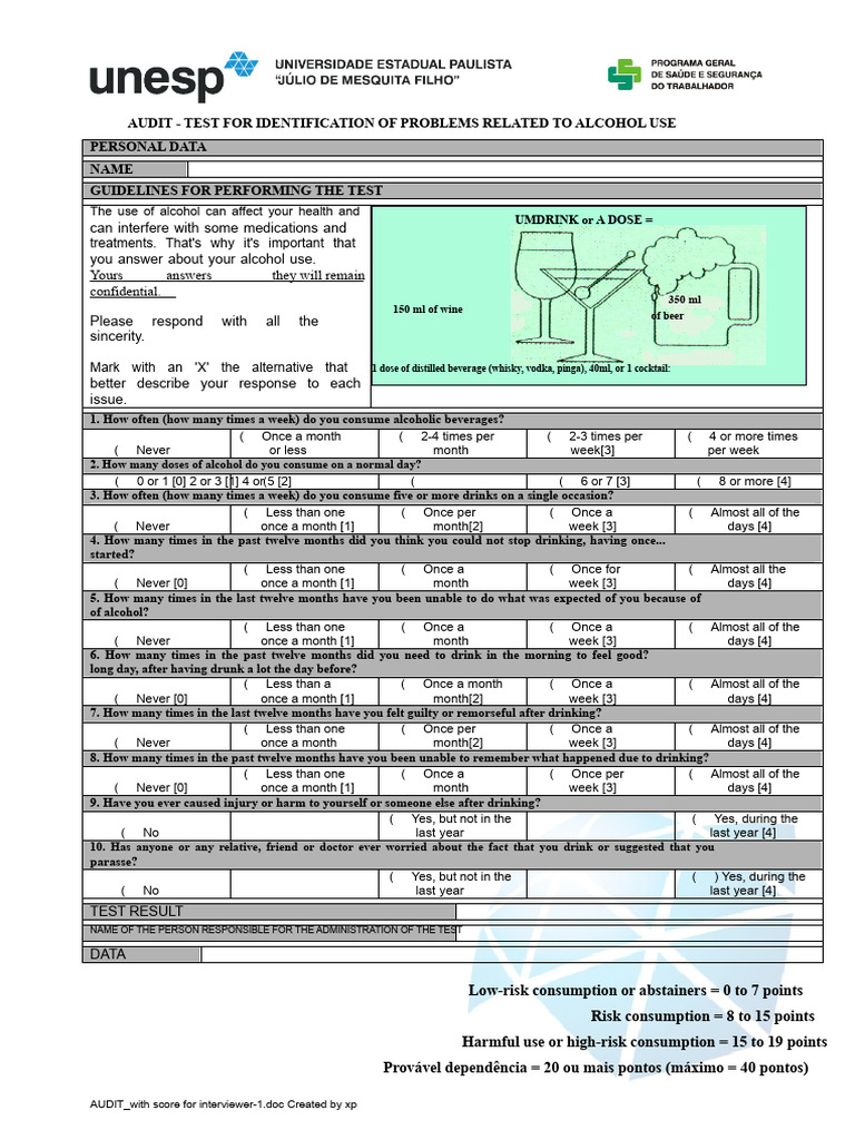 Audit With Score For Interviewer-1 | PDF | Alcoholic Beverages | Alcoholism