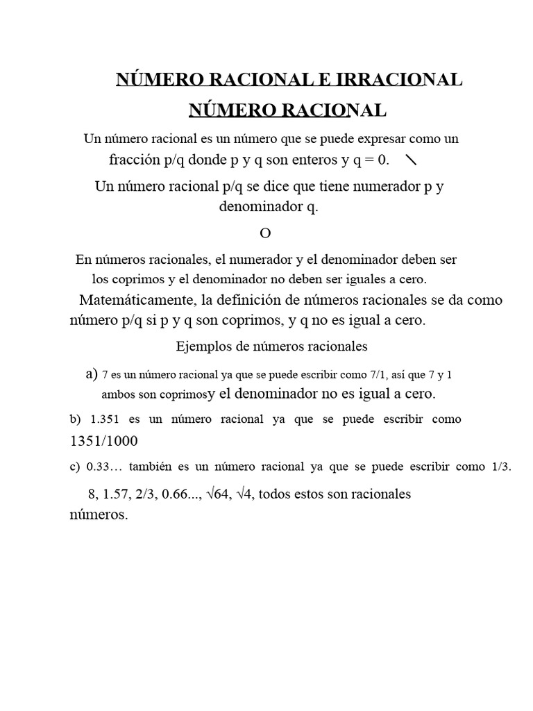 Números Racionales e Irracionales: Definición y Ejemplos | PDF | Número ...