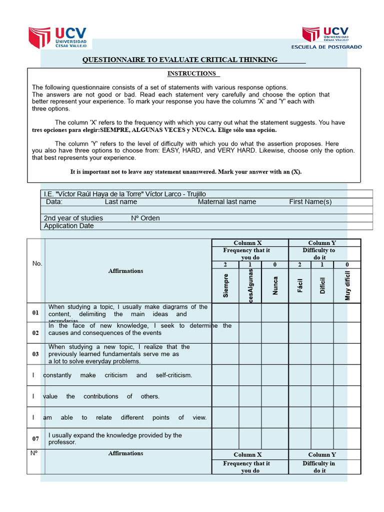 Critical Thinking Evaluation Questionnaire | PDF | Knowledge | Reality
