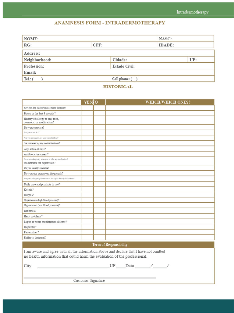 Conventional Intradermotherapy Anamnesis Form | PDF | Injection ...
