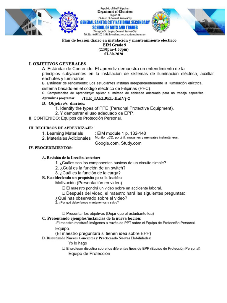 Plan de lección G9 PPE | PDF