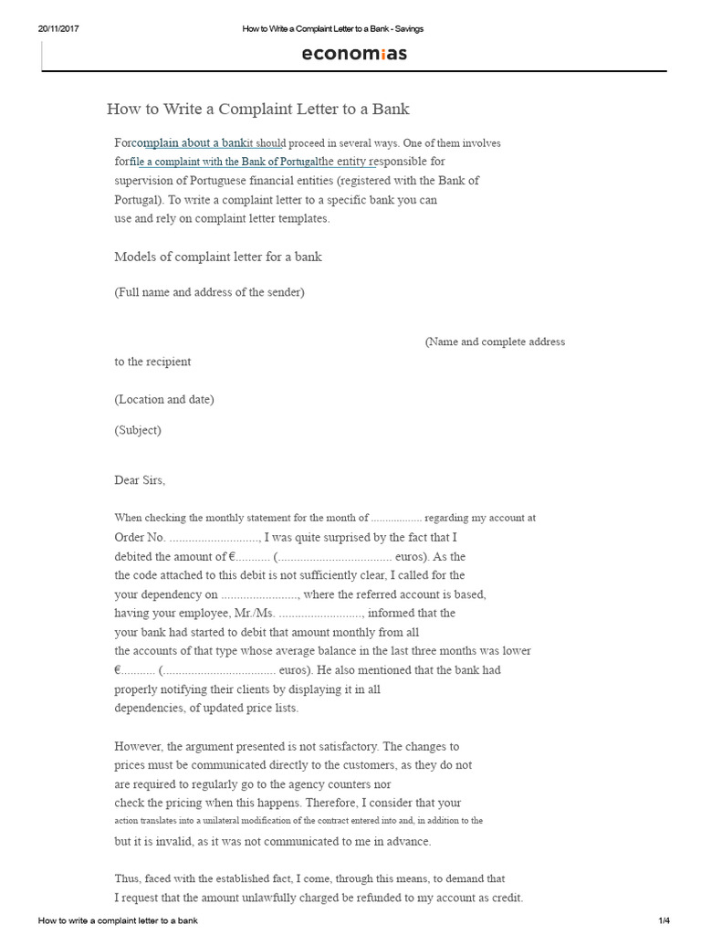 How To Write A Complaint Letter To A Bank - Savings | PDF | Banks ...