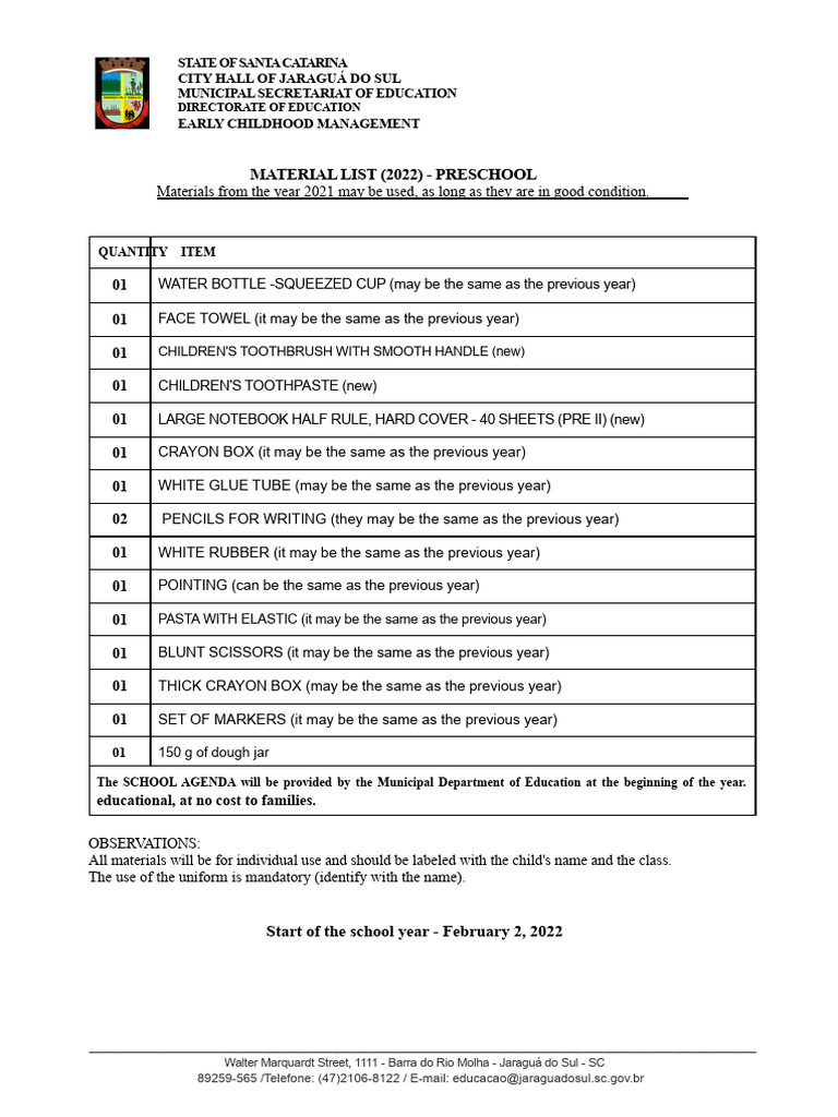 Preschool Materials List 2022 | PDF