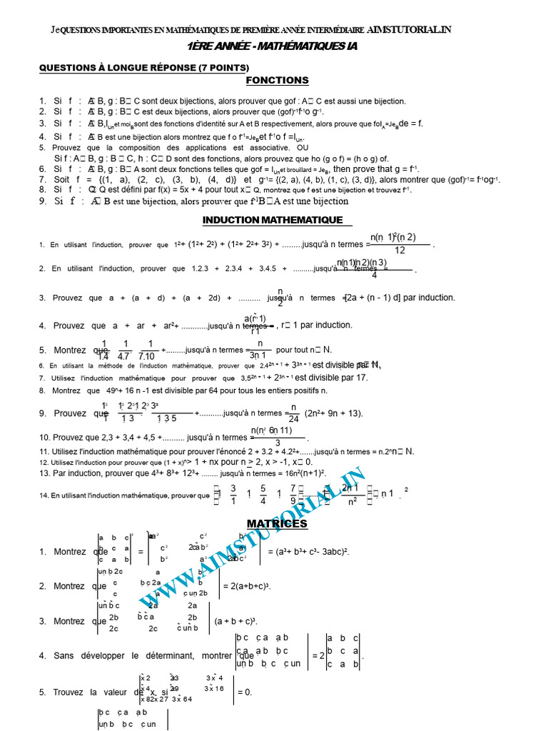 Questions Importantes de Mathématiques de Première Année Intermédiaire ...