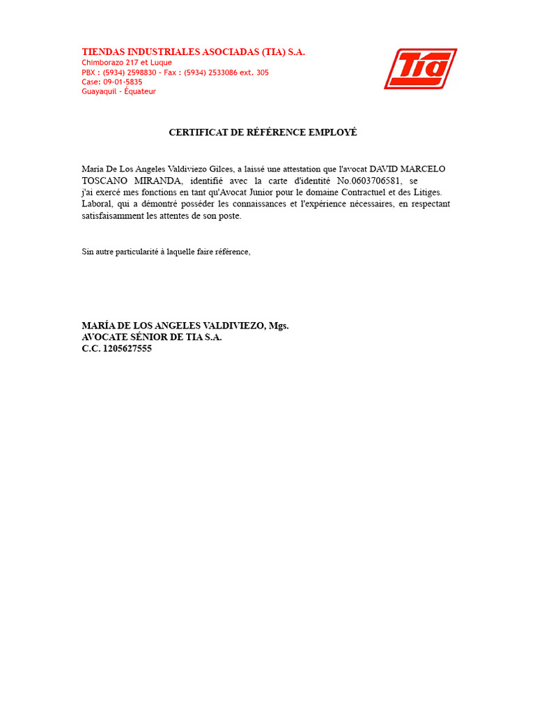 Certificat de référence pour avocat junior | PDF