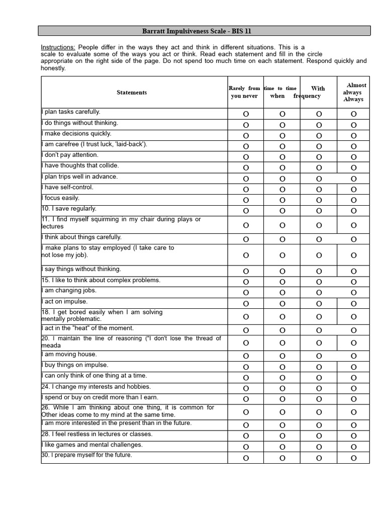 Barratt Impulsiveness Scale | PDF | Impulsivity | Psychology