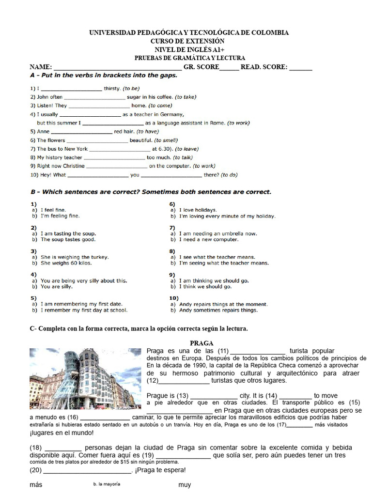 Pruebas de gramática y lectura A1+ | PDF | Pantalones
