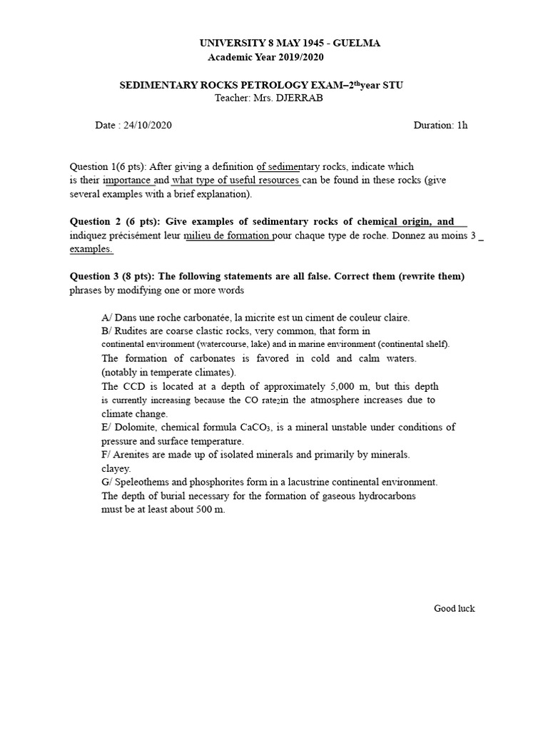 Petrology Exam Rs 2019-2020 | PDF | Sedimentary Rock | Rock (Geology)
