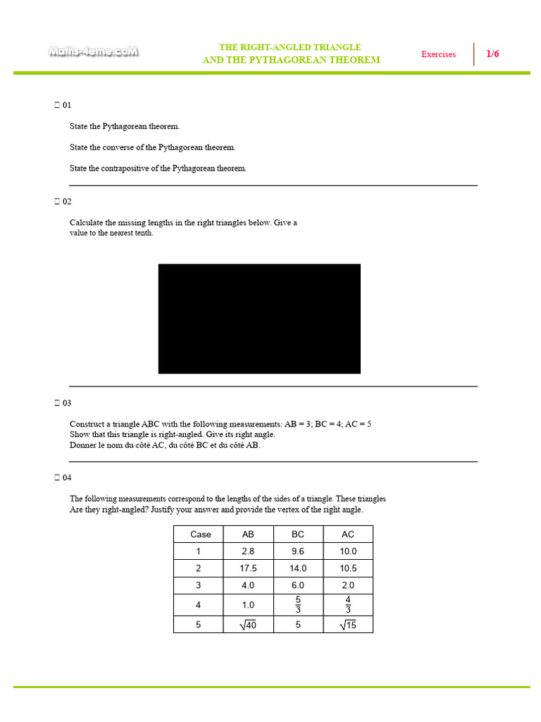Right Triangle Pythagoras - Exercises | PDF | Triangle | Length