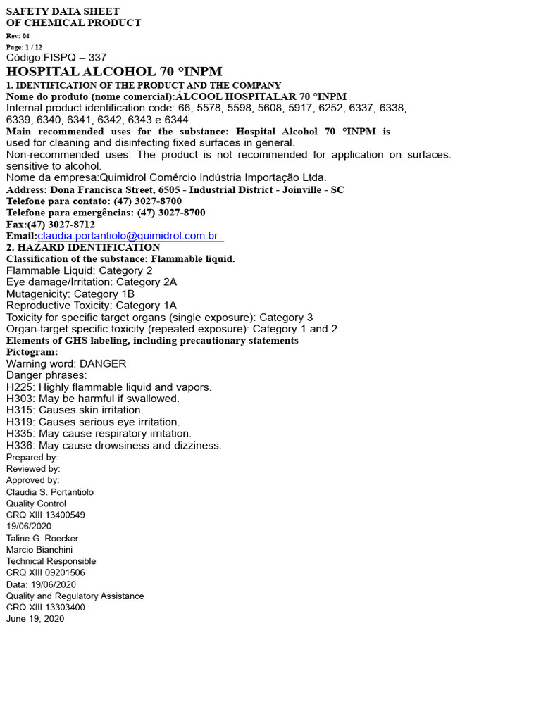 Hospital Alcohol 70% Safety Data Sheet | PDF | Firefighting | Dangerous ...