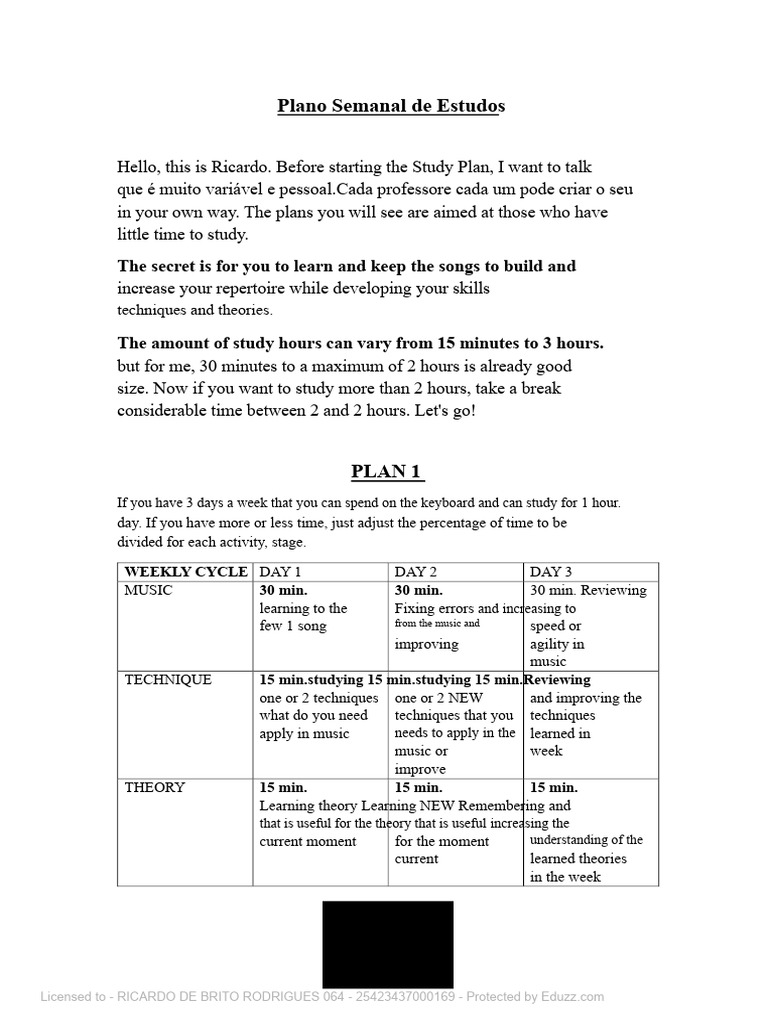 Weekly Study Plan For Musicians | PDF