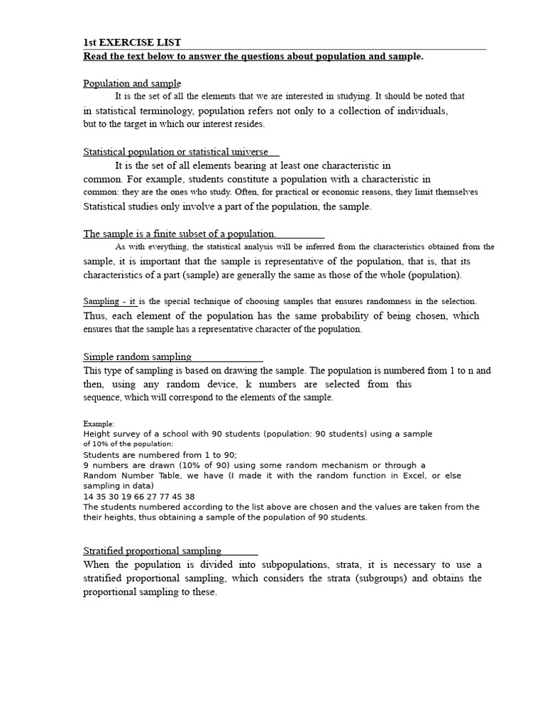 1st EXERCISE LIST - samples _and_ population | PDF | Sampling (Statistics) | Statistics