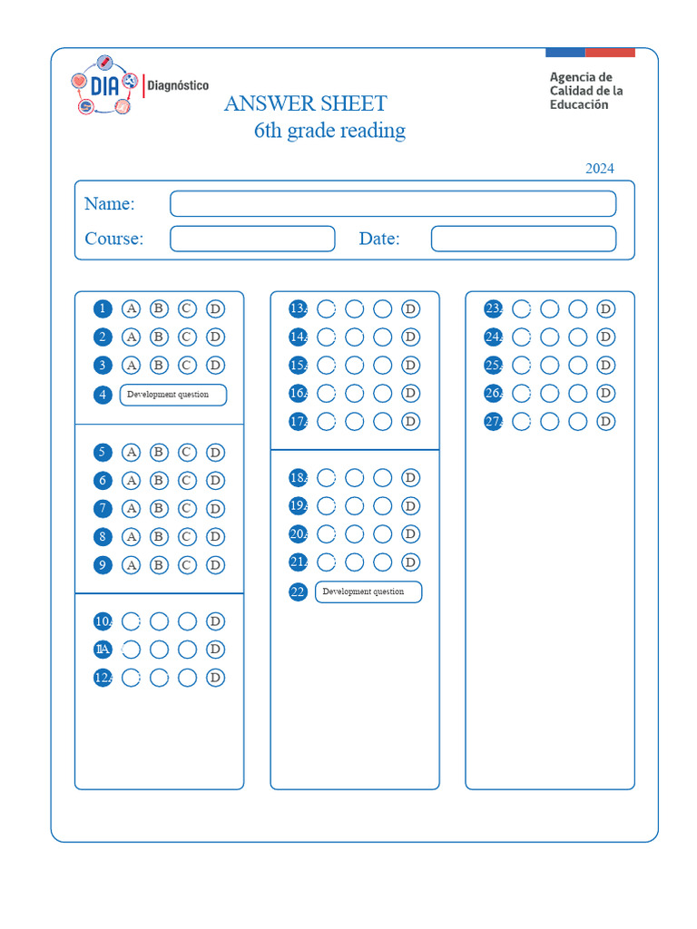 Diagnostic Reading Answer Sheet 2024 6th Grade | PDF