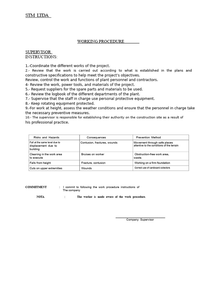 Work Procedure For Supervisor | PDF