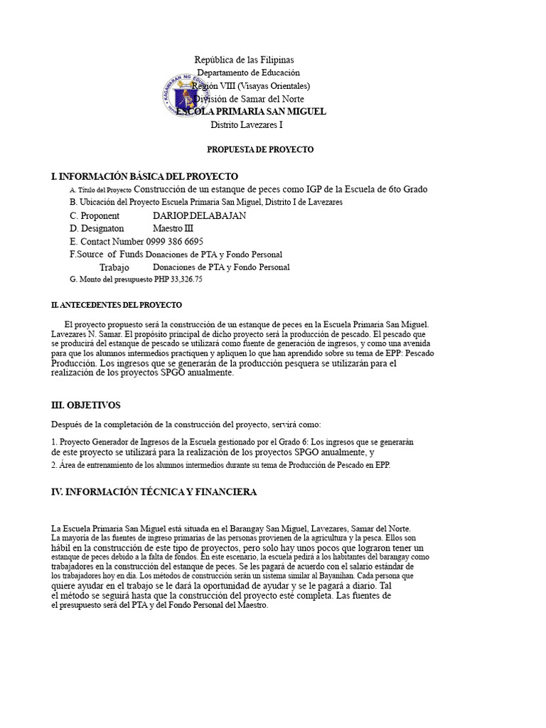 Propuesta de Proyecto G6 IGP | PDF | Presupuesto | Educación primaria
