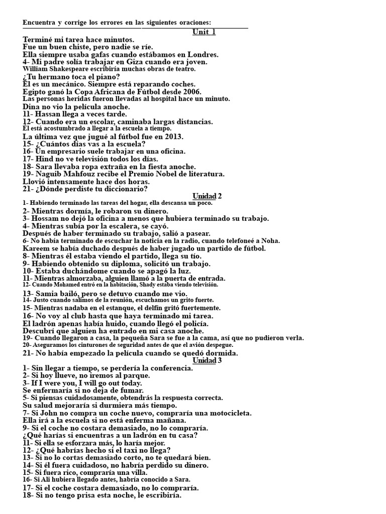 Encuentra y Corrige Los Errores en Las Siguientes Oraciones. | PDF