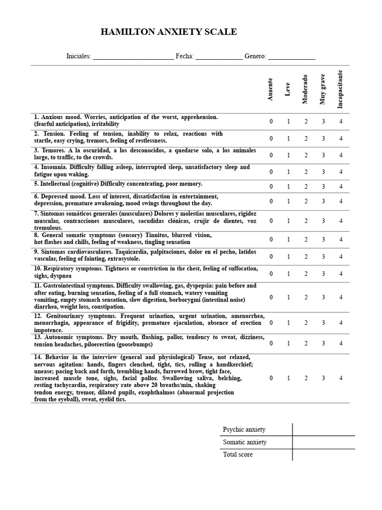 HAMILTON ANXIETY SCALE | PDF | Anxiety | Diseases And Disorders