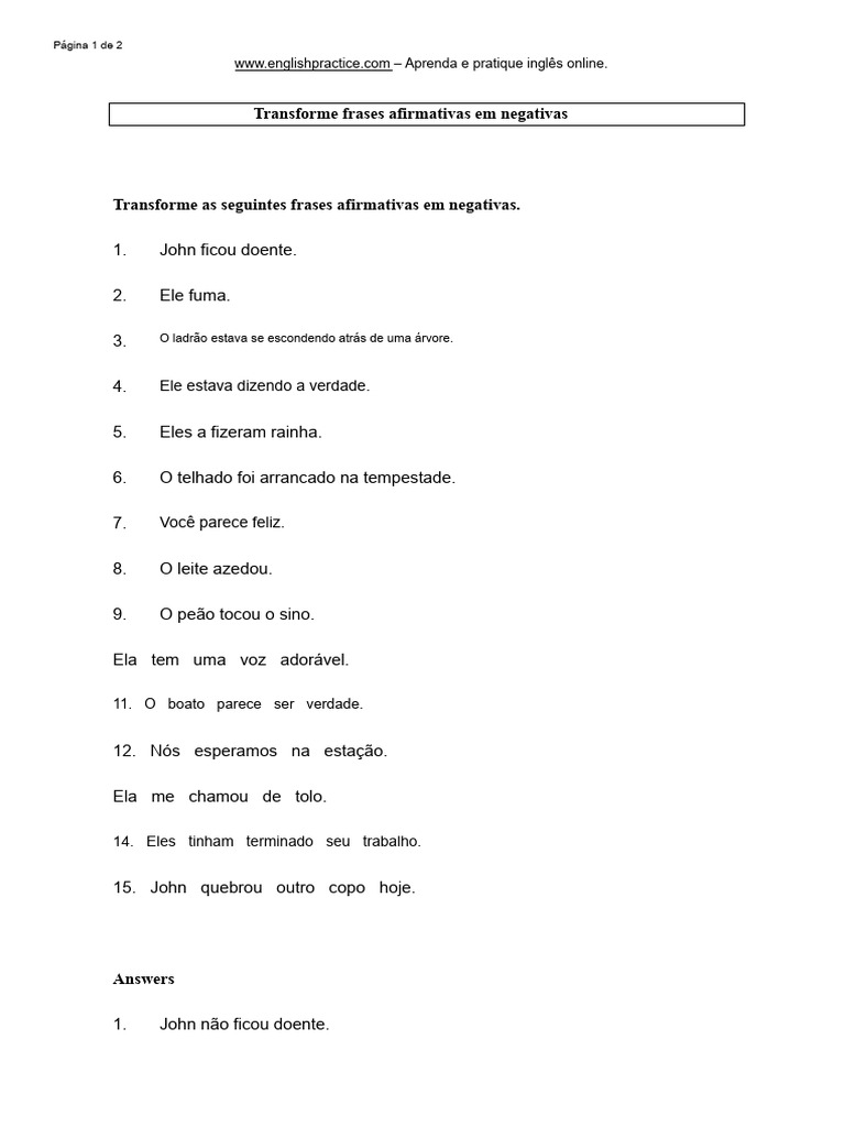 Transformação de Frases Afirmativas em Negativas | PDF