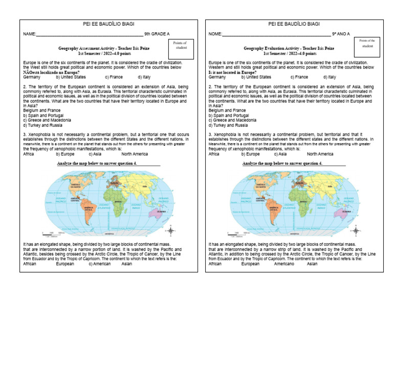 9th Grade Geography Assessment 2022 | PDF | Europe | Continent