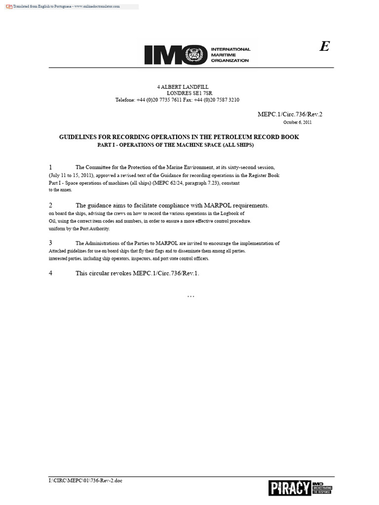 MEPC - 1 - Circ - 736 - Rev - 2 - Filling Out The Oil Record Book | PDF ...