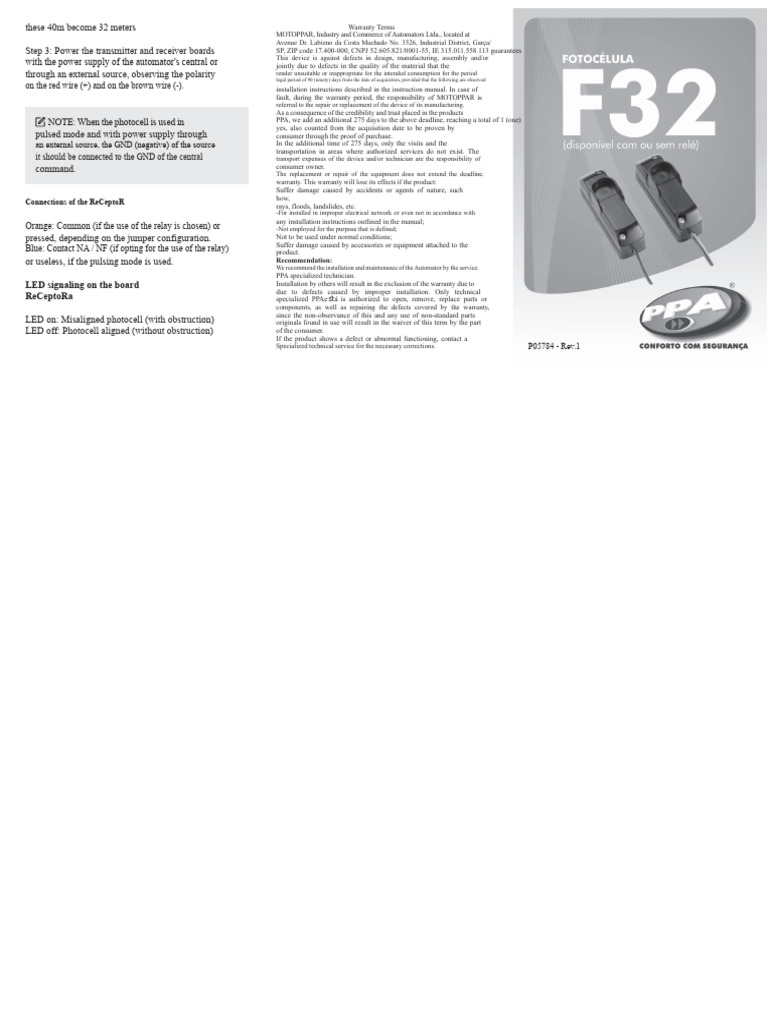 F32 PHOTOCELL MANUAL REV1 | PDF | Power Supply | Relay