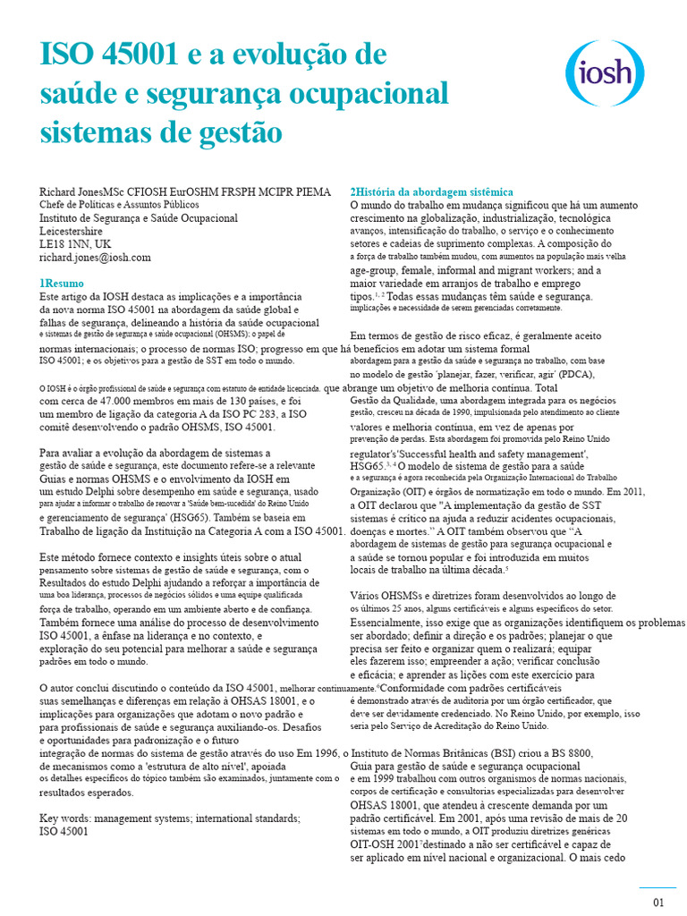 ISO 45001 e a Evolução dos Sistemas de Gestão de Saúde e Segurança ...