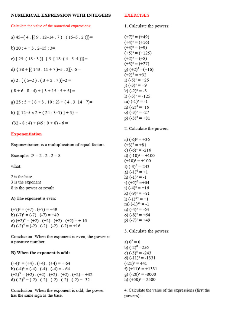 Integer Numerical Expressions and Powers | PDF | Exponentiation | Algebra