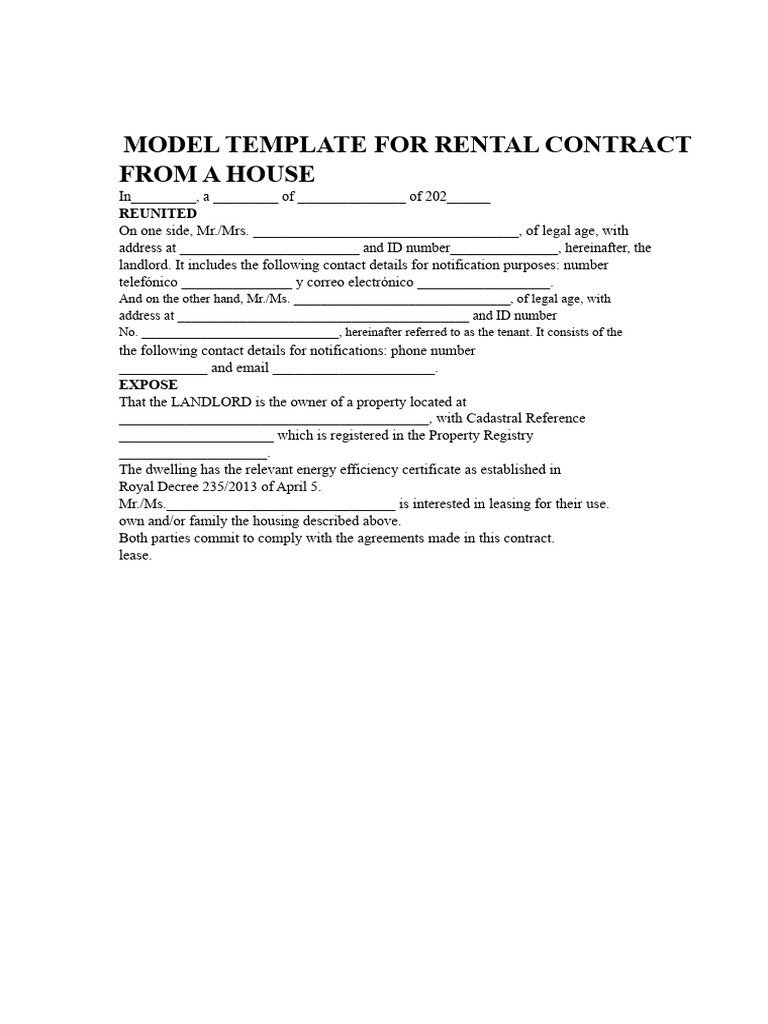 MODEL TEMPLATE FOR A HOUSING RENTAL CONTRACT | PDF | Lease | Landlord