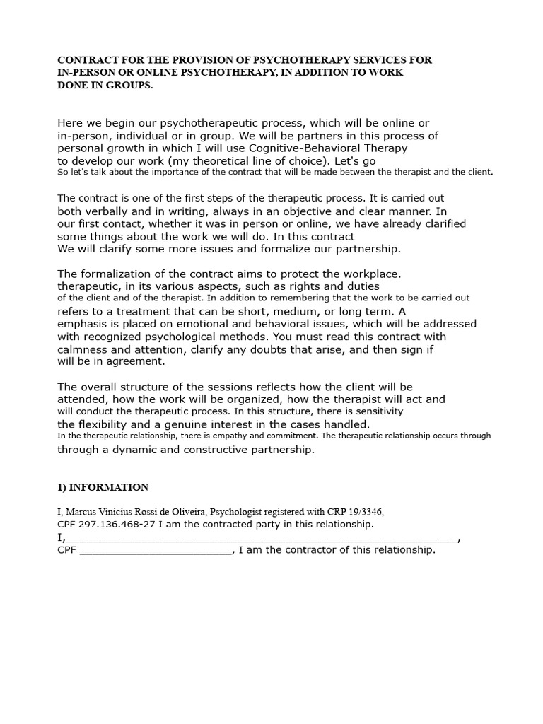 Psychotherapy Services Contract Template | PDF | Psychotherapy ...