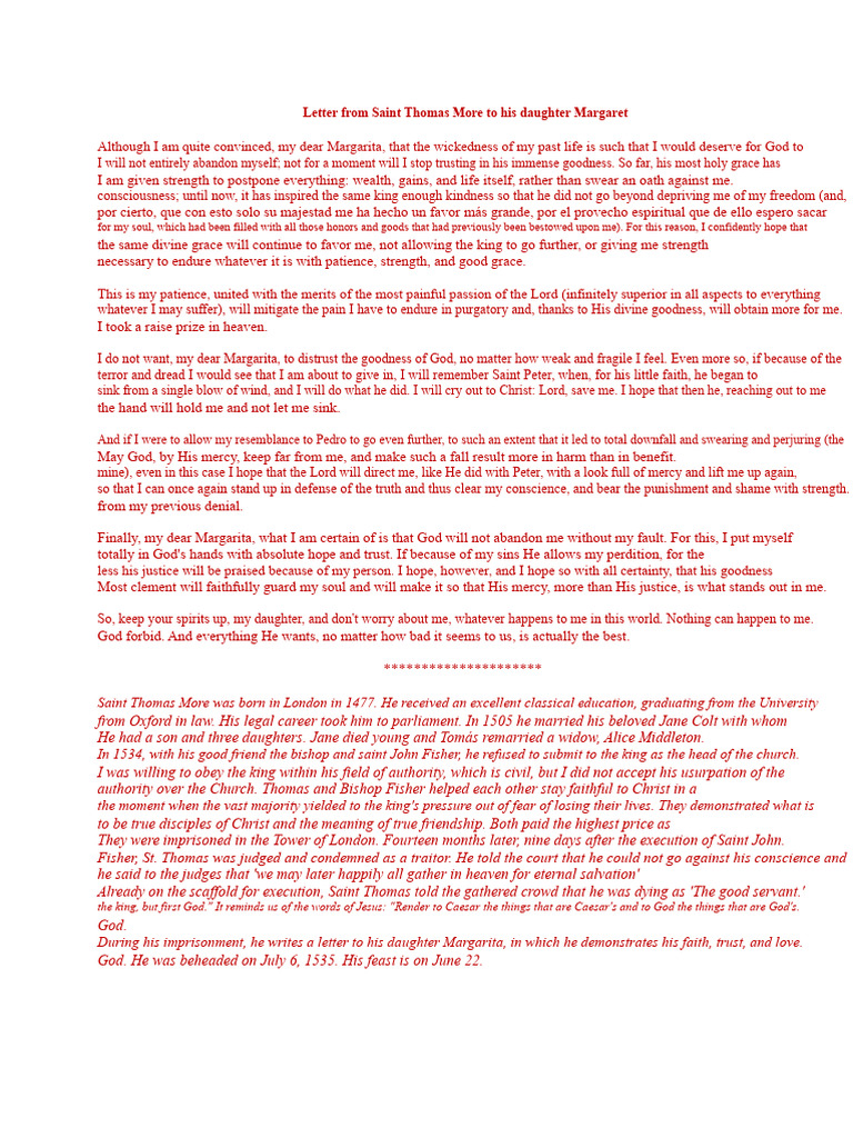 Saint Thomas More's Letter to Margaret | PDF | Jesus | Purgatory