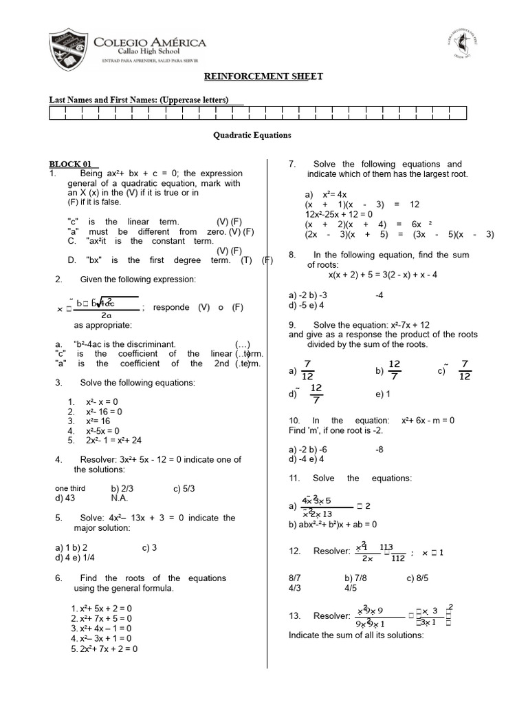 Quadratic Reinforcement Sheet 02 | PDF | Quadratic Equation | Mathematical Objects