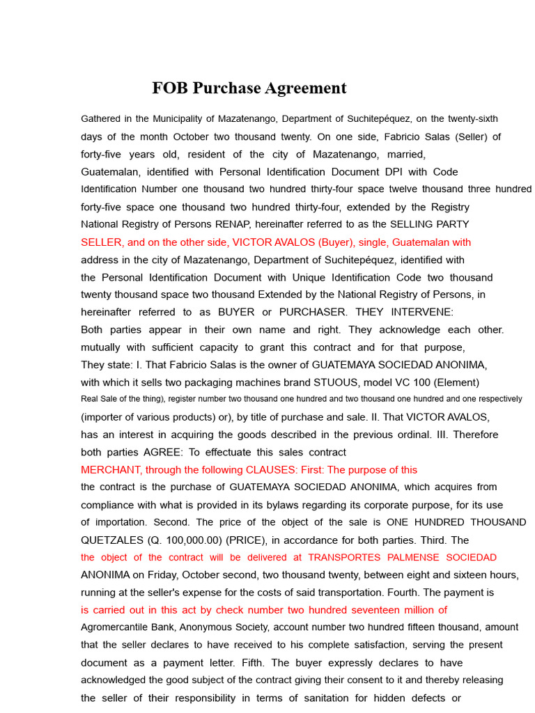 FOB Purchase Agreement for Machinery and Services | PDF | Credit Card ...