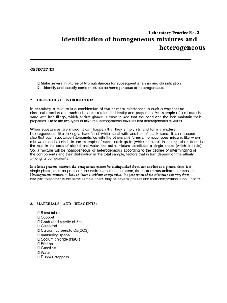 Mixture Identification: Homogeneous vs. Heterogeneous | PDF | Mixture ...