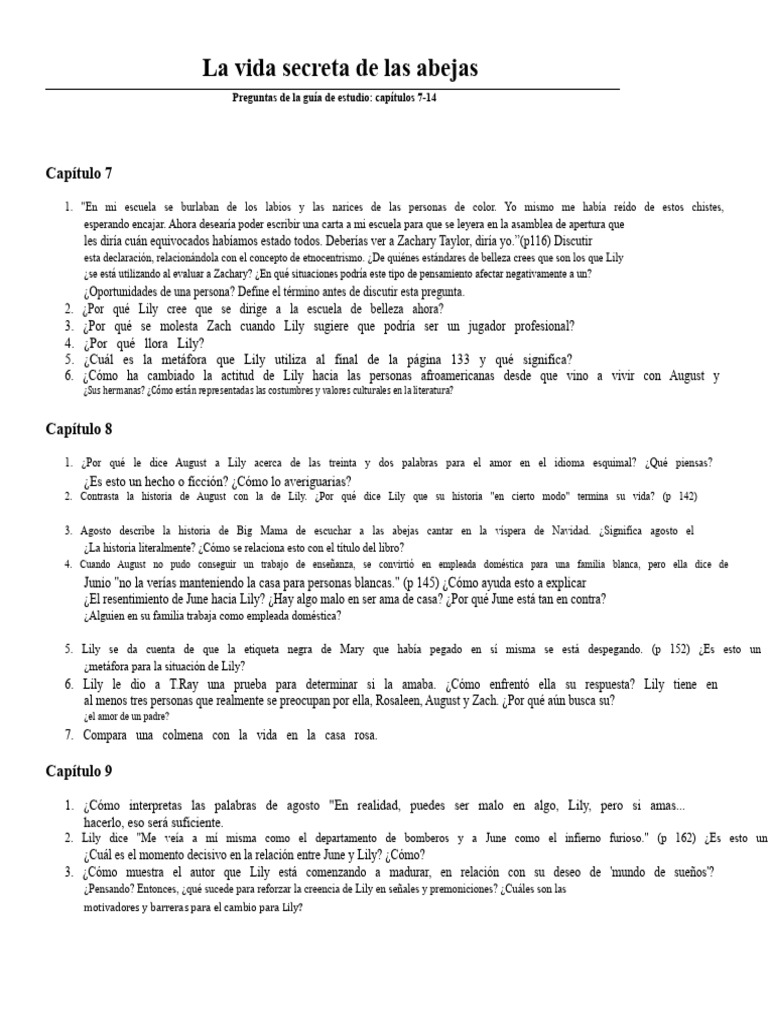 Guía de Estudio de La Vida Secreta de las Abejas Preguntas 7-Fin (2 ...
