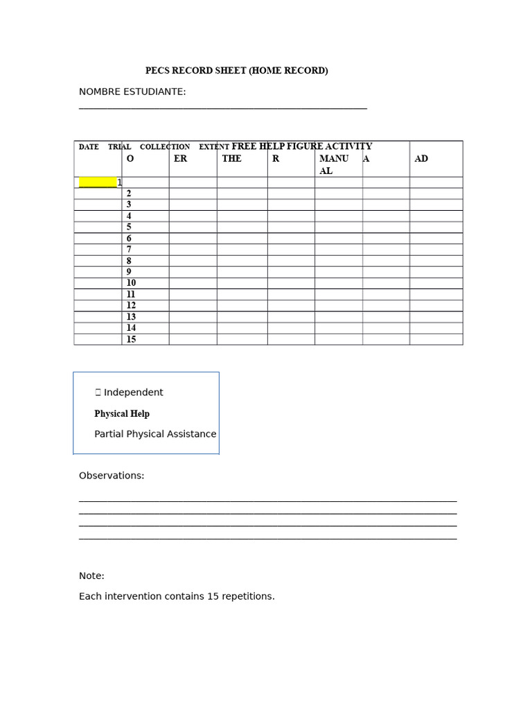 Pecs Registration Sheet Stage 1 | PDF