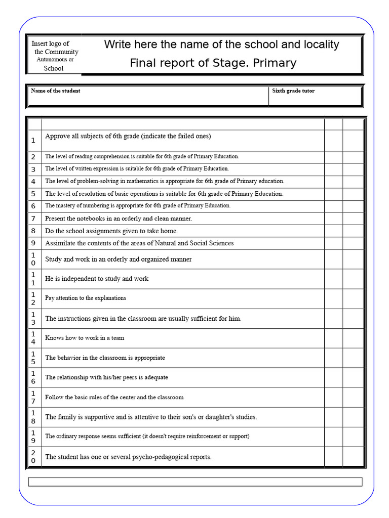 6th Grade Student Evaluation Report | PDF