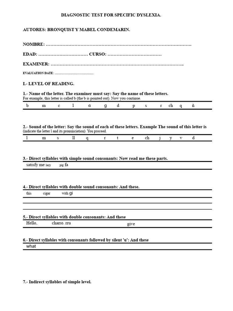 Diagnostic Test for Dyslexia Evaluation | PDF | Stress (Linguistics ...