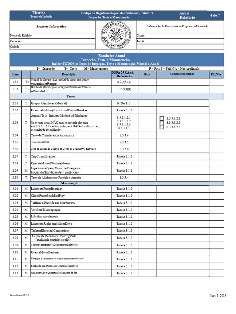 NFPA 25 Form AES 5.4 ITM Bomba de Incêndio Elétrica Anual 2013_ 4 de 7 ...