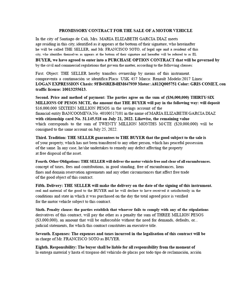 Motor Vehicle Sale Contract Template | PDF | Private Law | Common Law