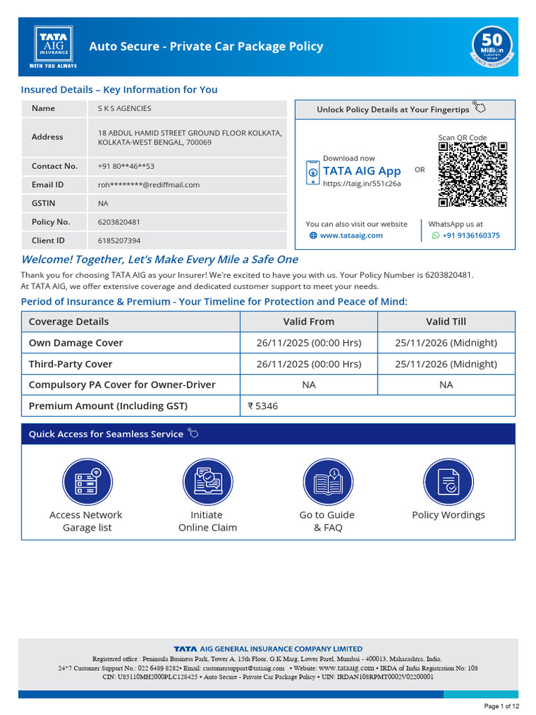 TATA AIG Auto Secure Car Insurance Policy | PDF | Insurance | Deductible
