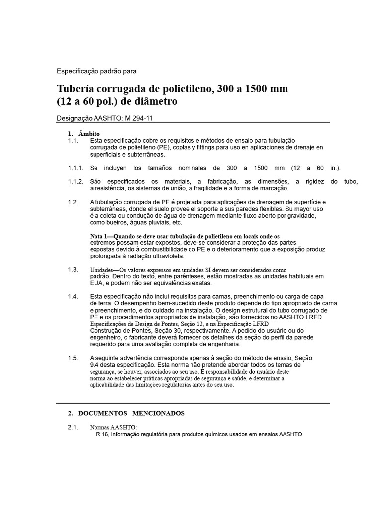 AASHTO M 294-11 POR Tubulação corrugada PE 300 a 1500 mm de diâmetro ...