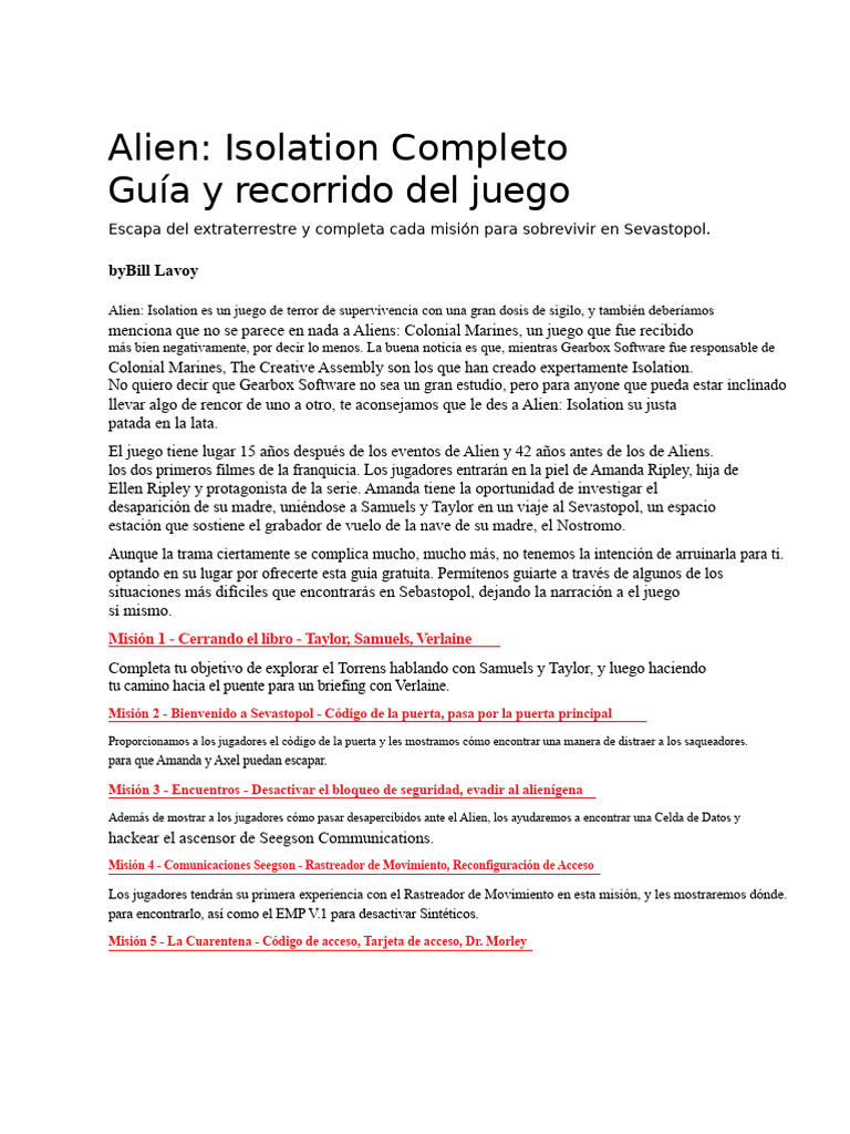 Guía completa y walkthrough de Alien Isolation | PDF