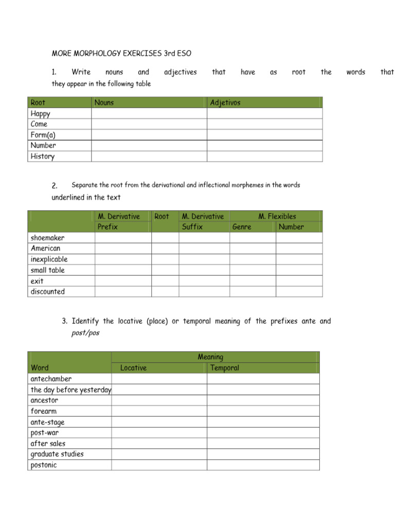 Morphology Exercises for 3rd ESO | PDF